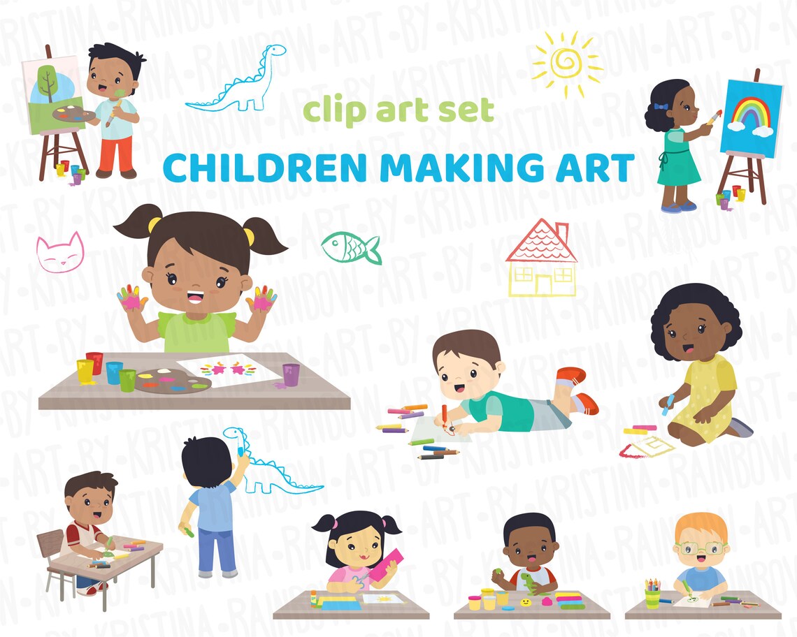 Multi Ethnic Children Making Art Clip Art, Learning Illustration ...