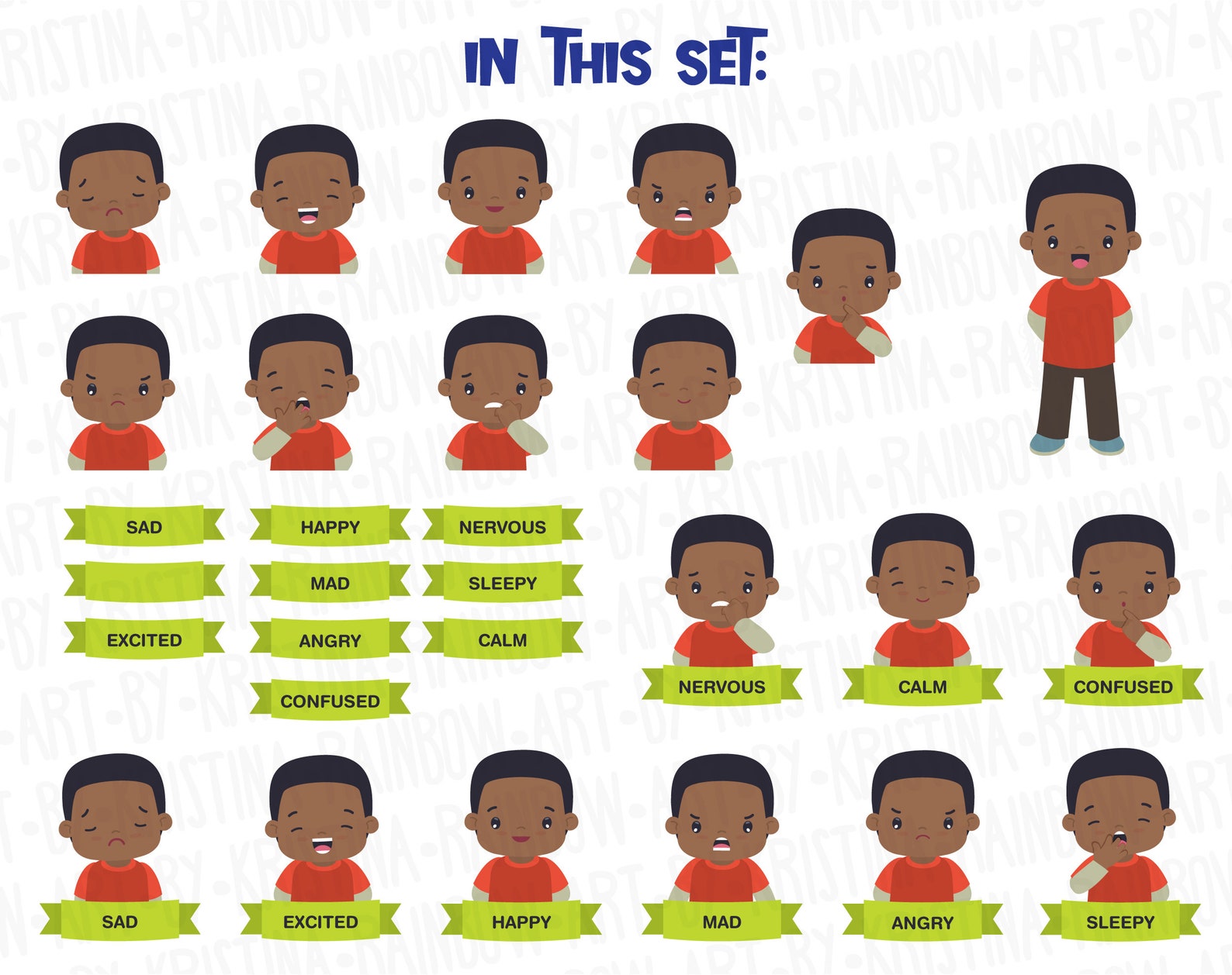 African American Boy Emotions Clip Art: Kawaii Kids Expressions (PNG ...
