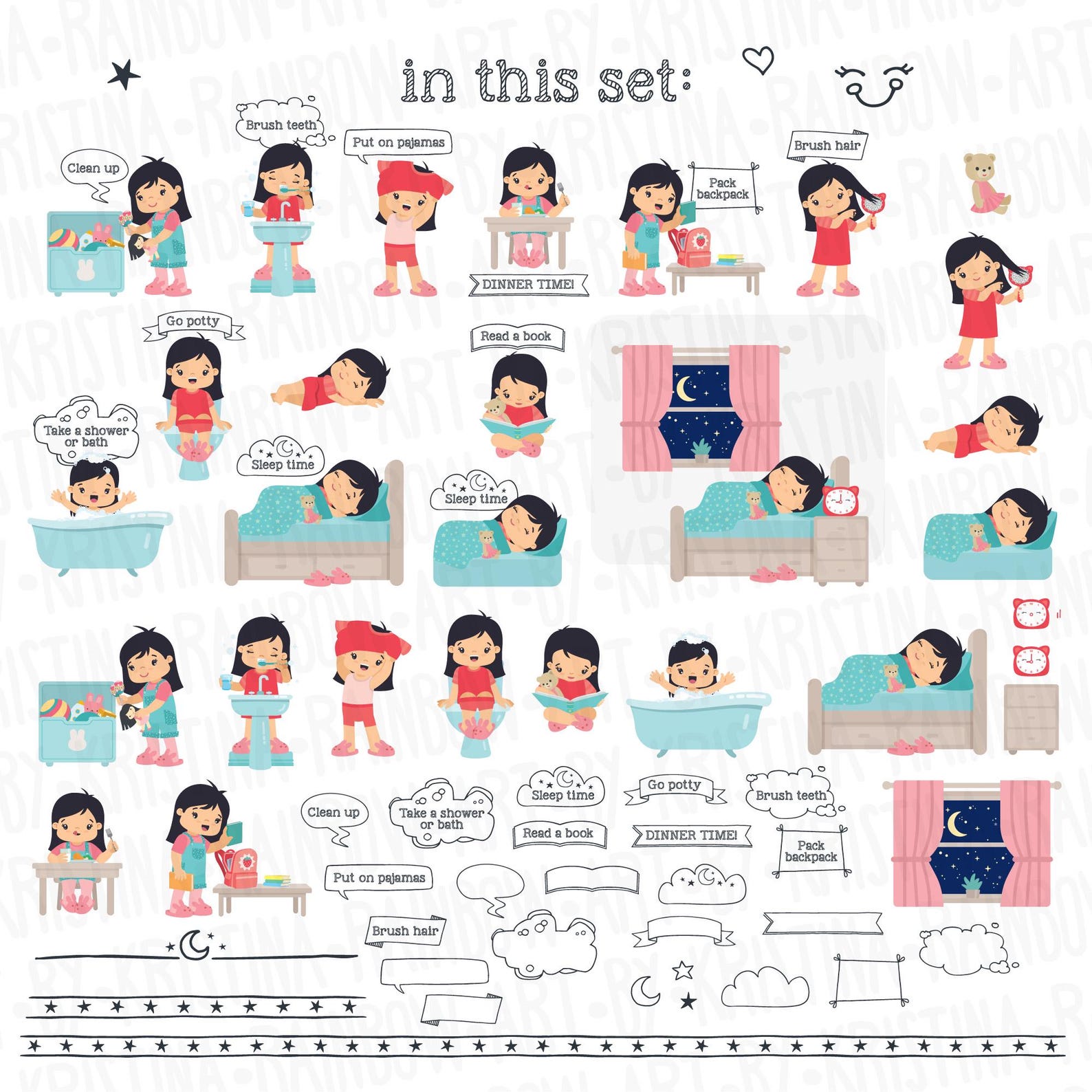 Little Girl Bedtime Routine Clipart: Kawaii PNG Graphics, Printable ...