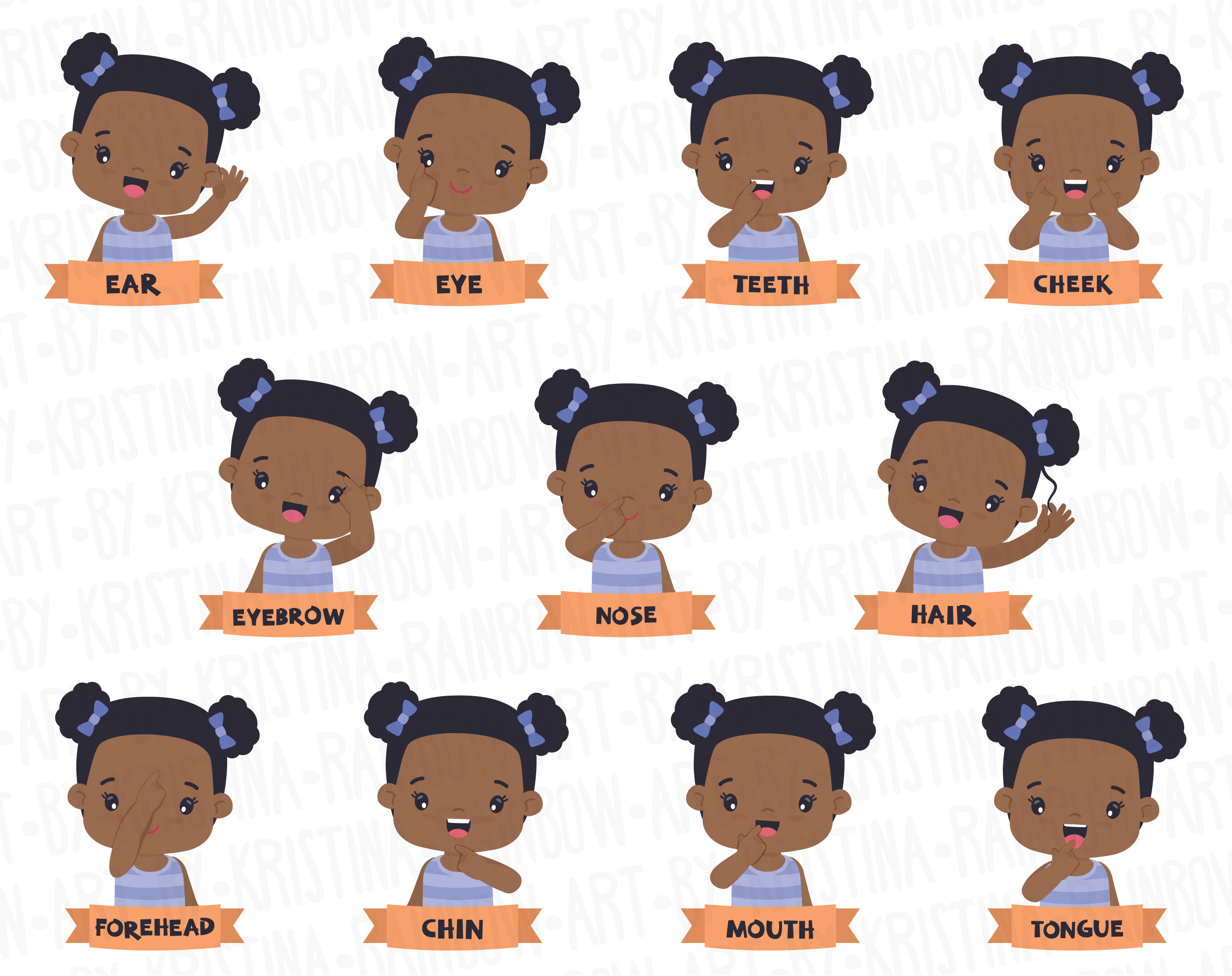 African American Girl Pointing Head Parts, Visual Scheme Illustration ...