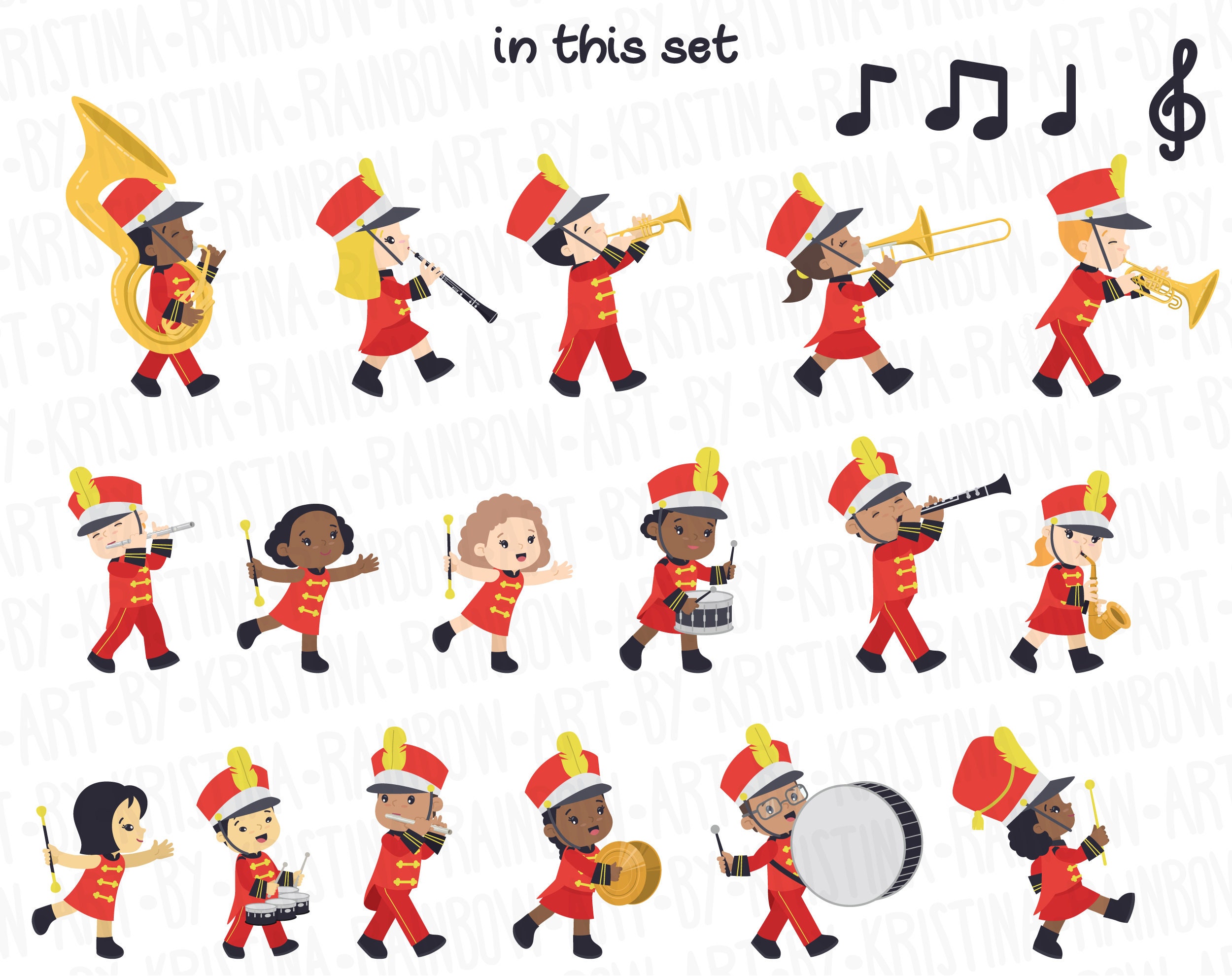 School Marching Band Clip Art: Multi-ethnic Kids, Music Instruments ...
