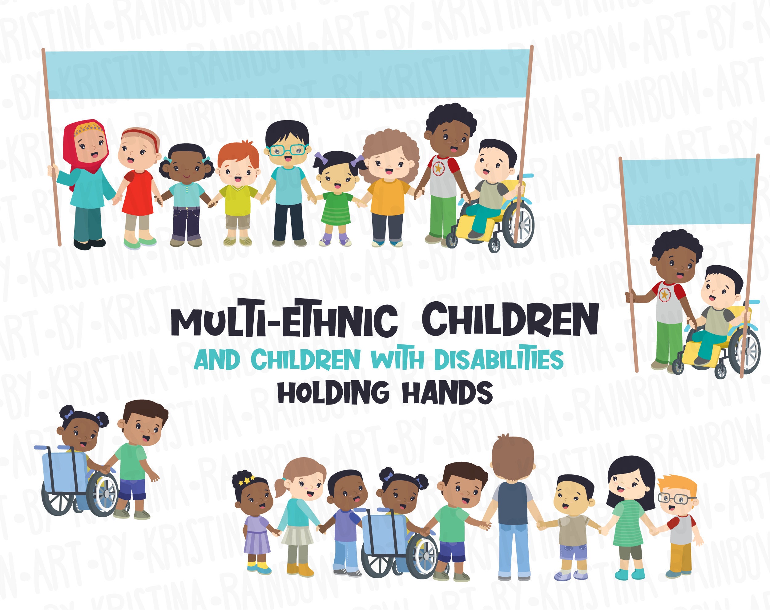 Multi Ethnic Children With Disability Holding Hands,clip Art ...