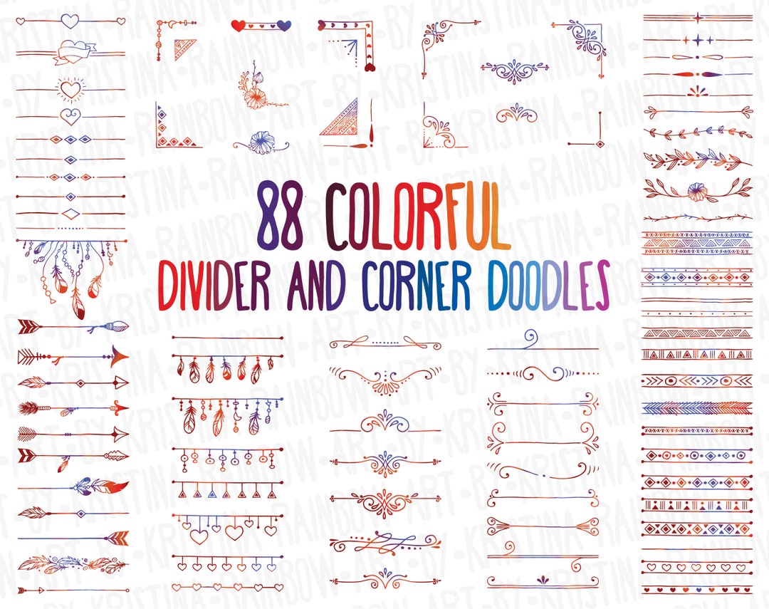 88 Hand Drawn Colorful Ornamental Divider and Corner and Arrow Digital ...