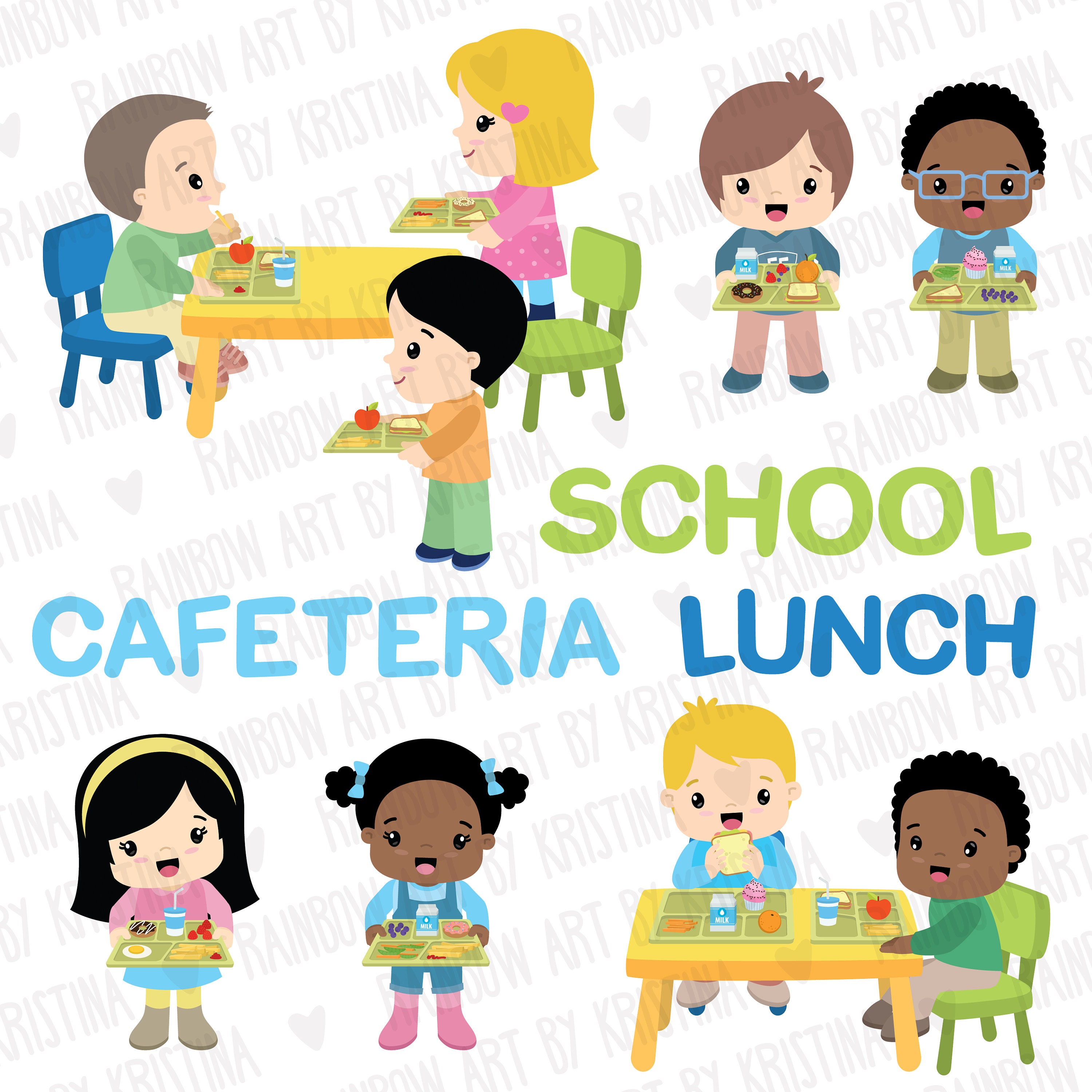 School children lunch cafeteria clip art Kids eating clipart | Etsy