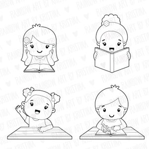 Digital Stamp School Children, Black and White Clip Art, School ...