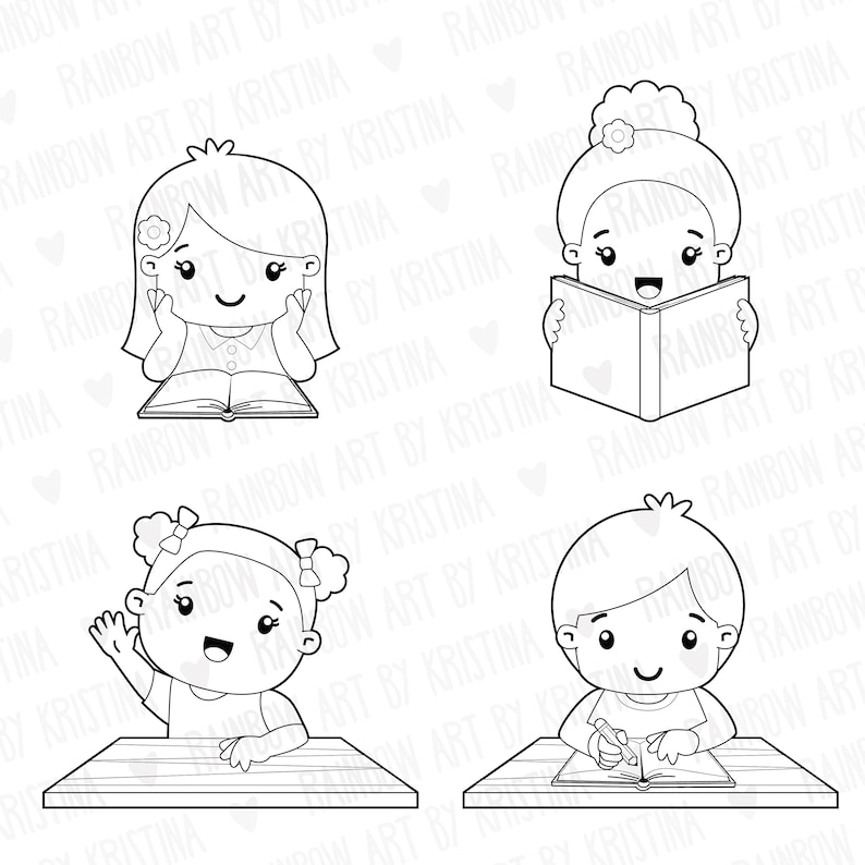Digital Stamp School Children, Black and White Clip Art, School ...