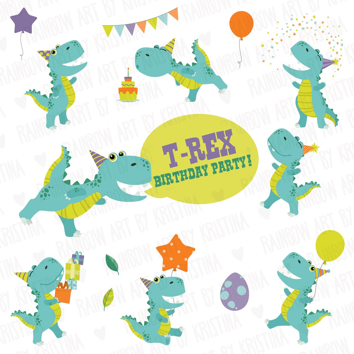 Fun Dinosaur T Rex Birthday Design Set, Baby Shower Clip Art, Children ...