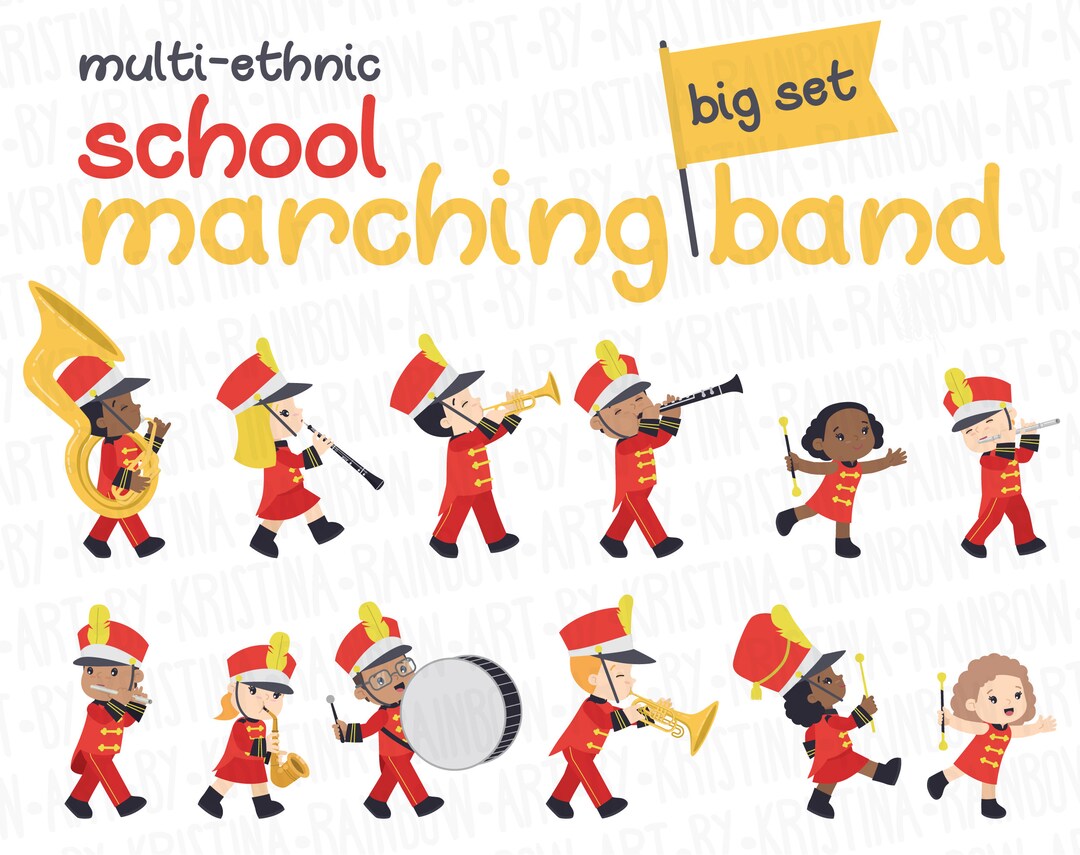 School Marching Band Clip Art: Multi-ethnic Kids, Music Instruments ...