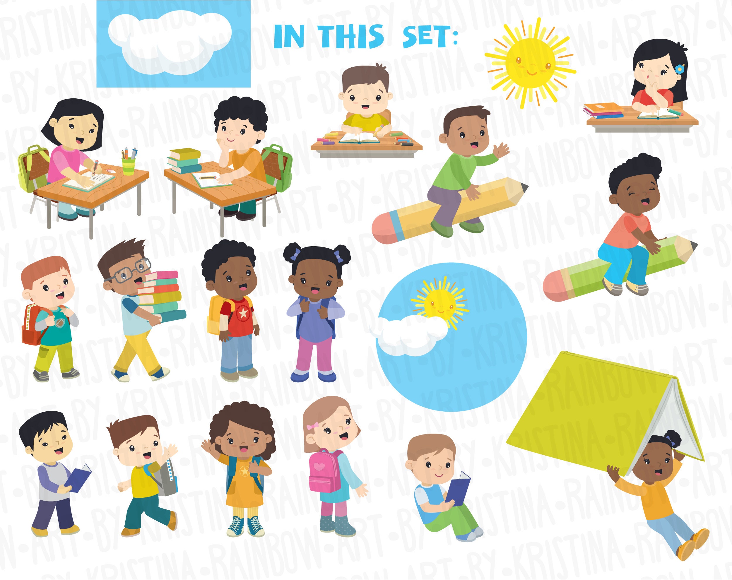 Multi Ethnic Back to School Children Clip Art, Kids With Backpacks ...