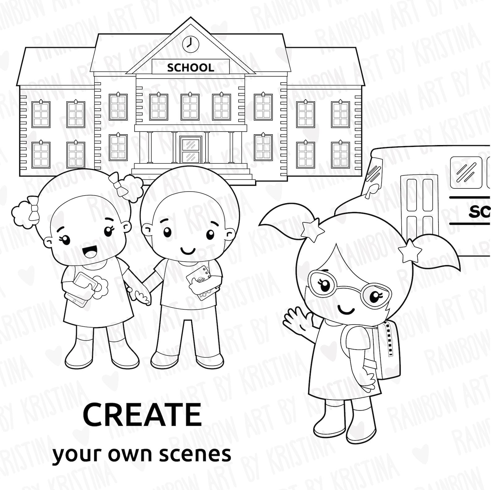 Digital Stamp School Children Black and White Clip Art | Etsy