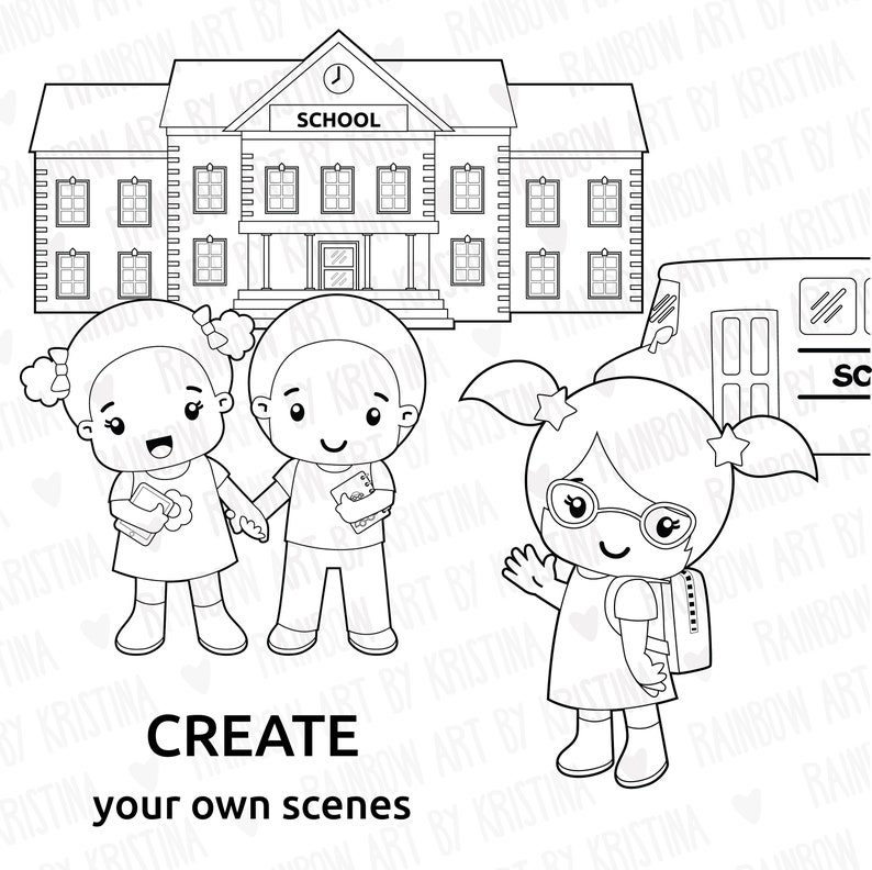 Digital Stamp School Children, Black and White Clip Art, School ...
