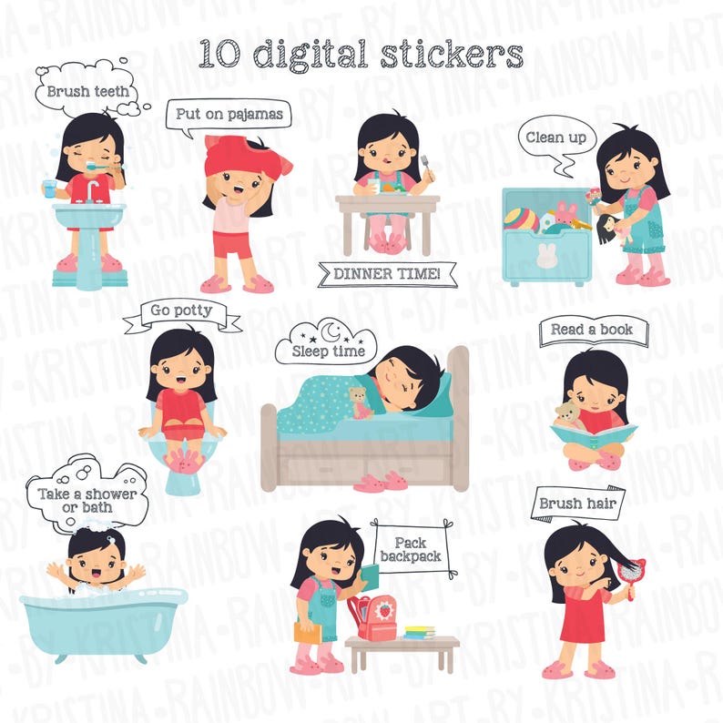 Little Girl Bedtime Routine Clipart: Kawaii PNG Graphics, Printable ...