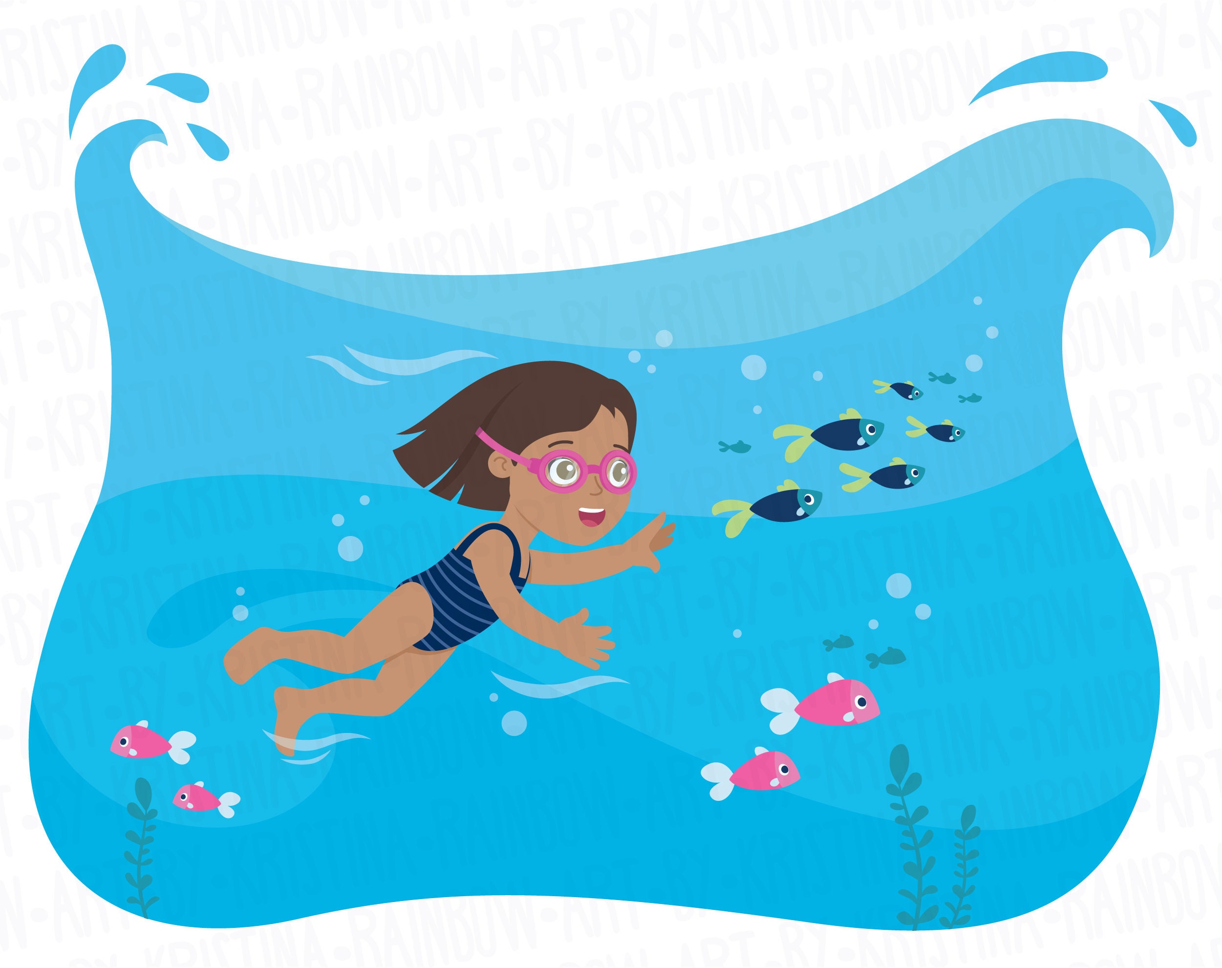Multiethnic Children Swimming and Diving Clip Art,summer by the Sea ...