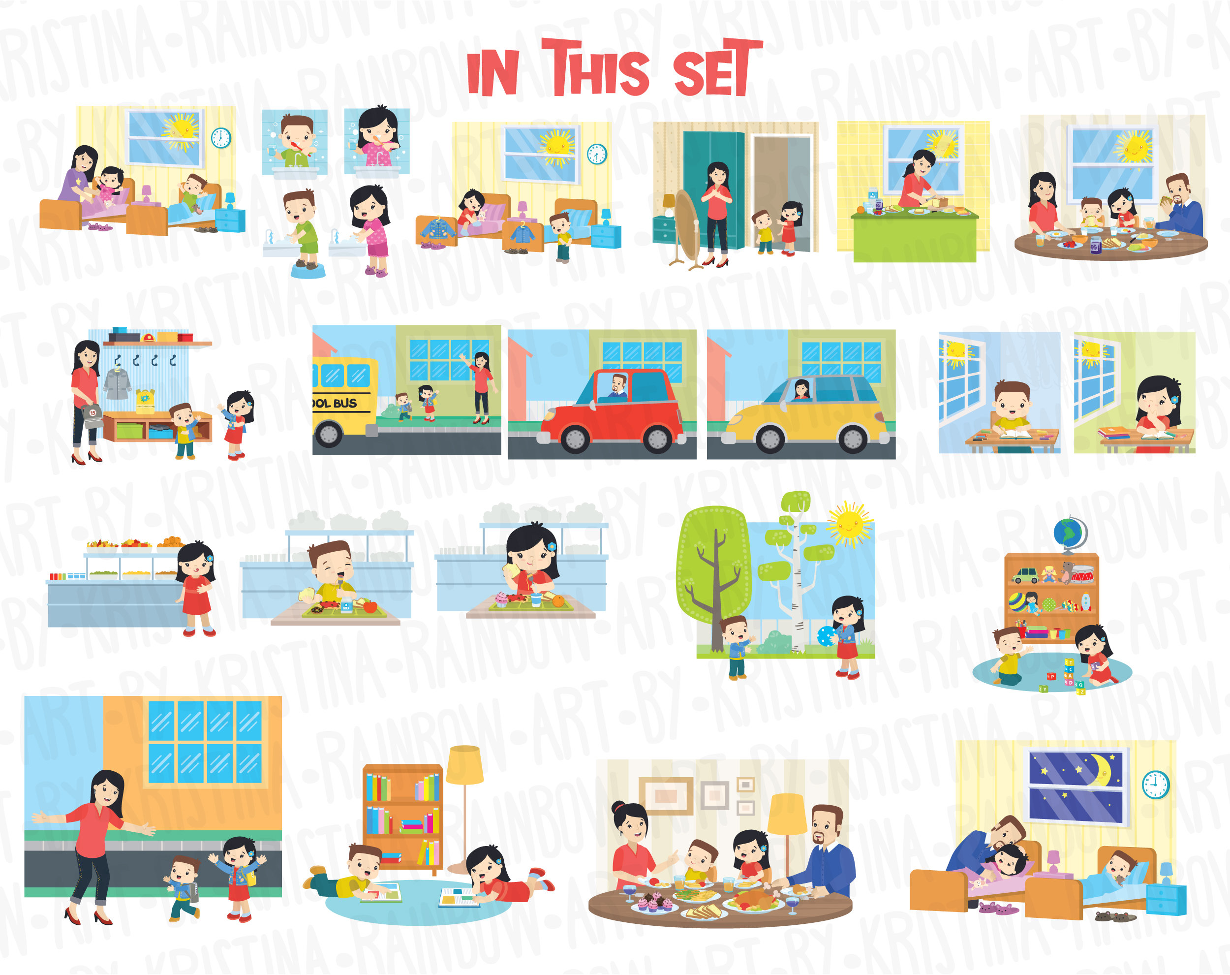 Family Daily Routines Clip Art, Visual Schedule Illustration, Going to ...