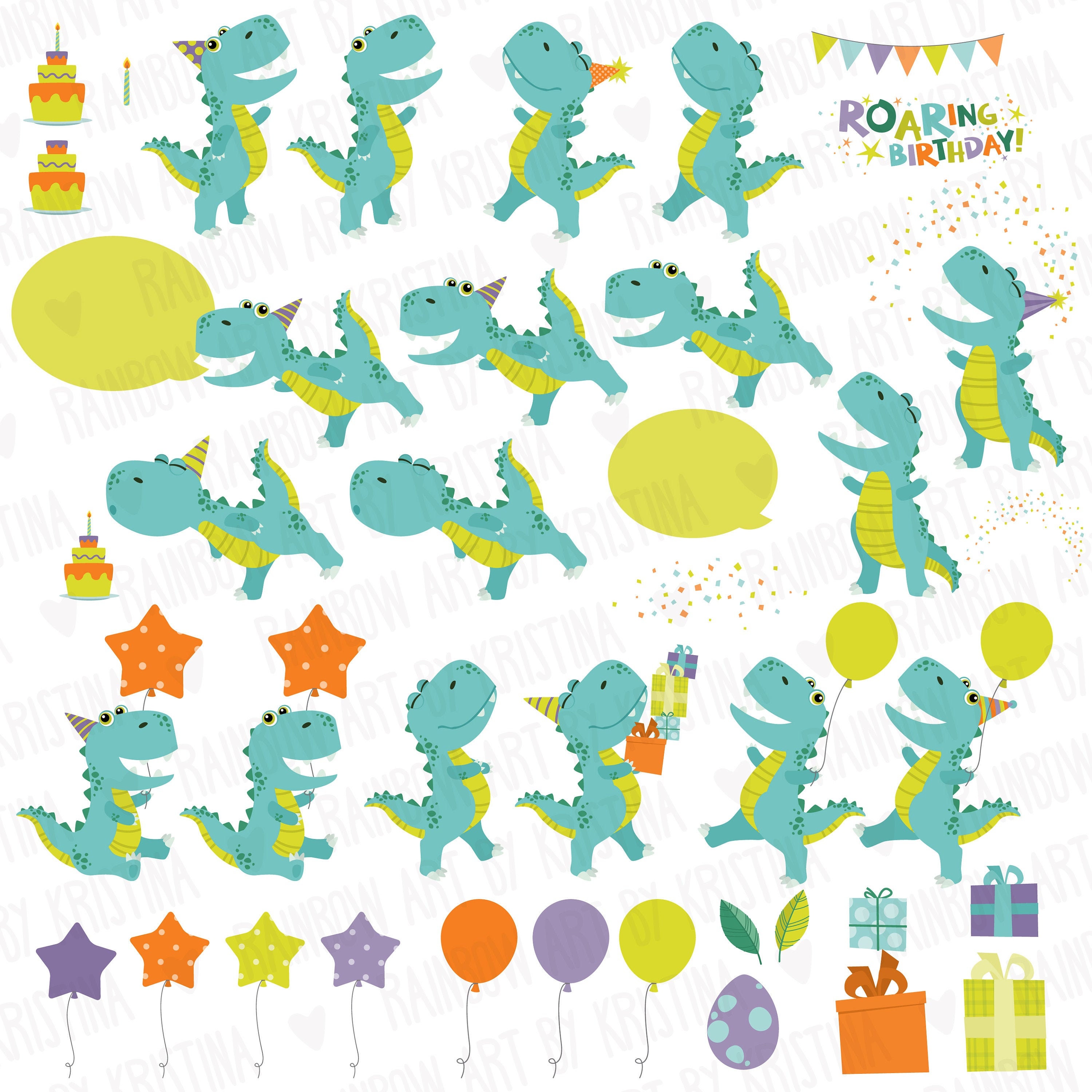 Fun Dinosaur T Rex Birthday Design Set, Baby Shower Clip Art, Children ...