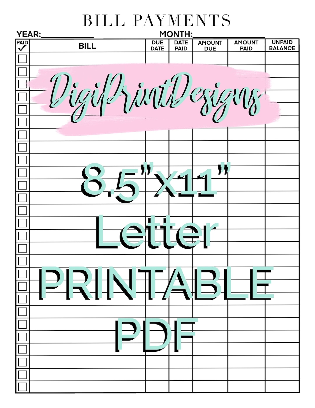 Printable Bill Tracker: Minimalist 8.5" X 11" Letter Size (PDF) - Etsy