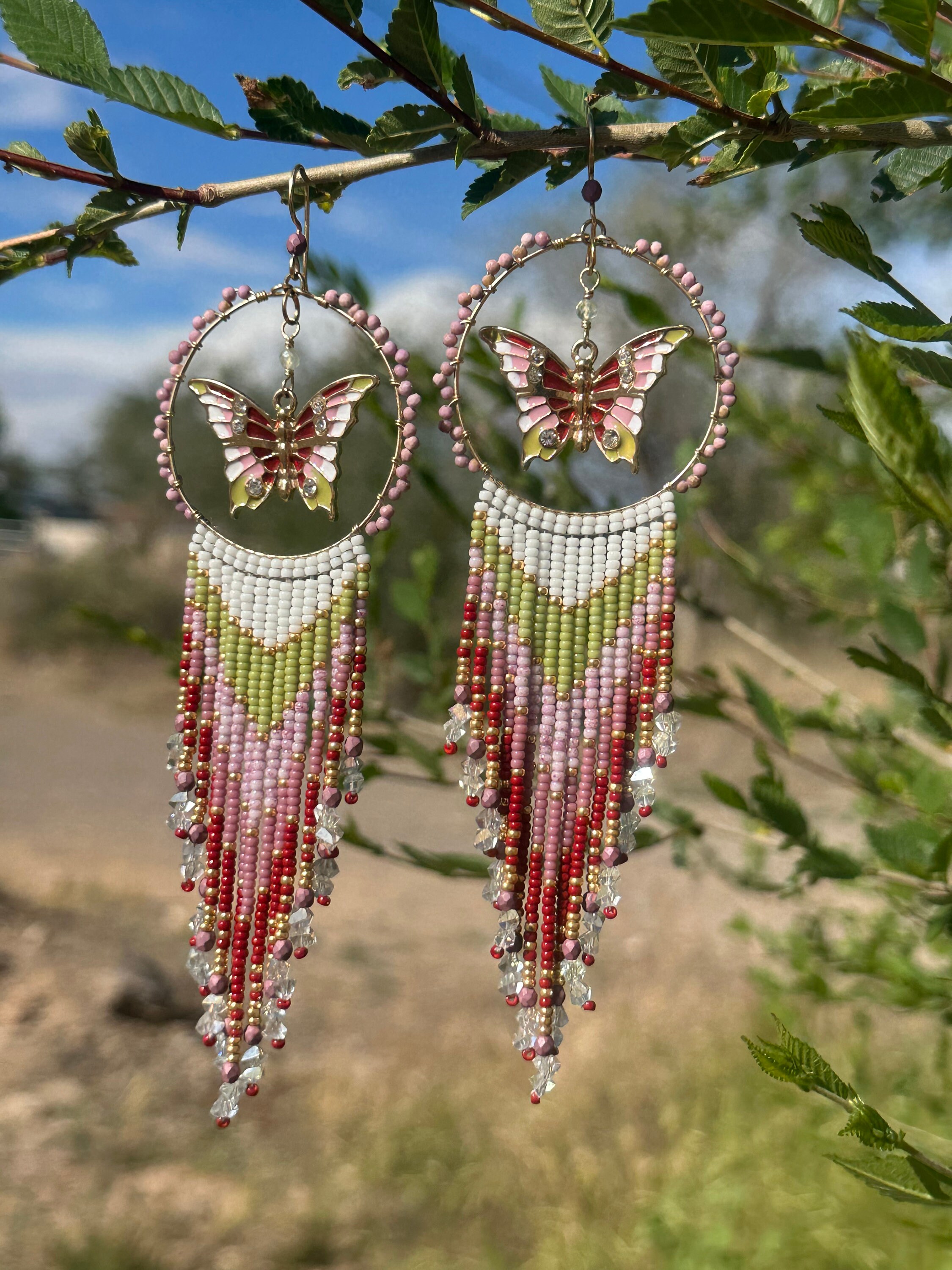 Handmade White, Green, Pink, Red & Gold Butterfly Seed Beaded Fringe ...