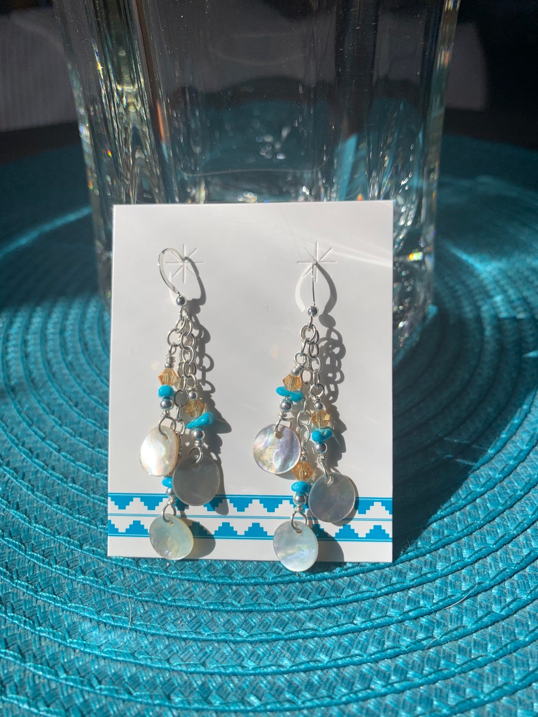 Shell Discs With Sleeping Beauty Turquoise and Crystal Hanging From ...