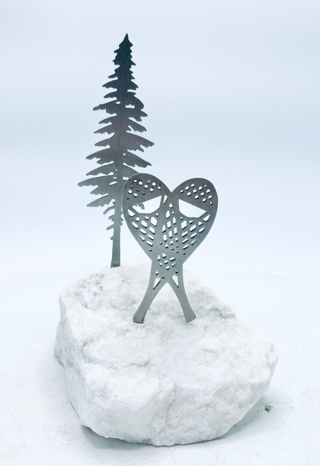 Snowshoeing Sculpture: Vermont White Marble, Stainless Steel Pine Trees ...
