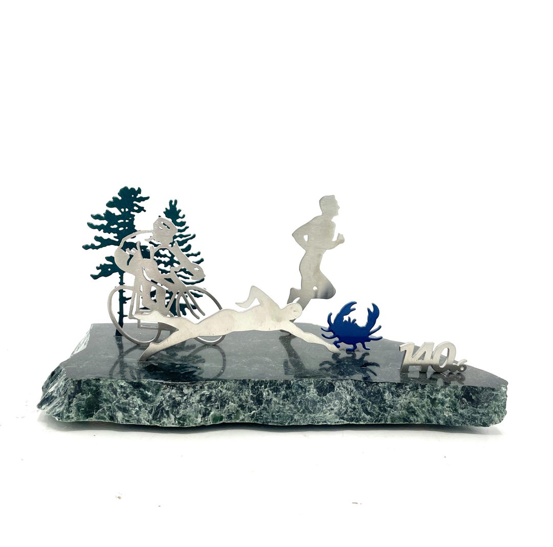 Triathlon Sculpture: Serpentine Stone & Steel Ironman Gift - Etsy