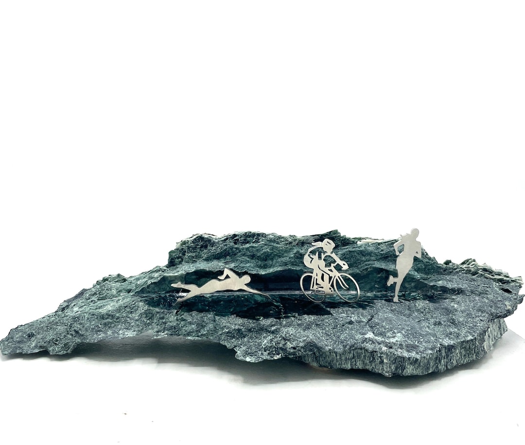 Triathlon Sculpture: Serpentine Stone & Steel Ironman Gift - Etsy