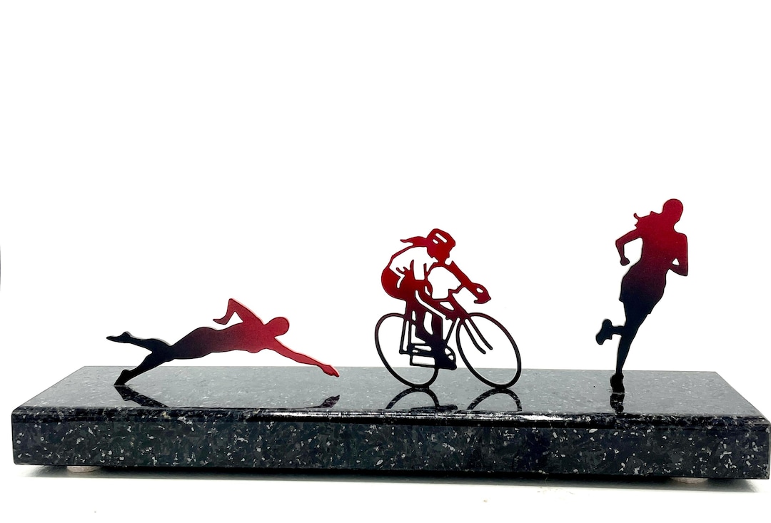 Triathlon Sculpture: Red/black Steel Swim Bike Run on Virginia Jet Mist ...