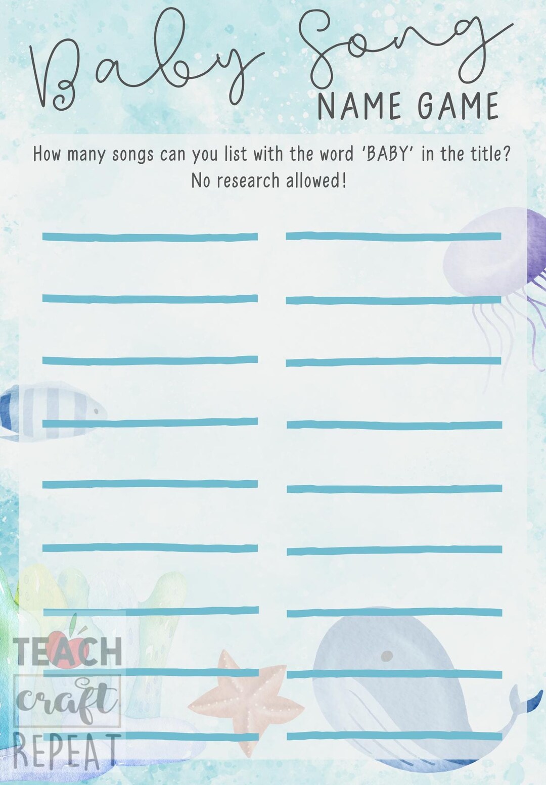 Baby Song Name Game - Printable Baby Shower Game - Party Game - Digital ...