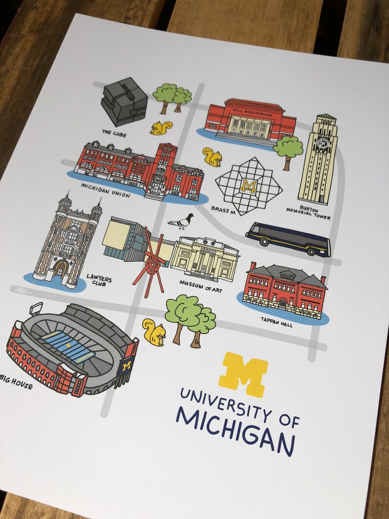 University of Michigan Print Campus Map 8x10 UM Landmarks | Etsy