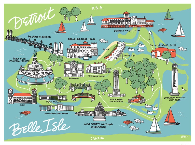 Detroit Illustration, Belle Isle Park - Art Print, Detroit Map 8x10 ...