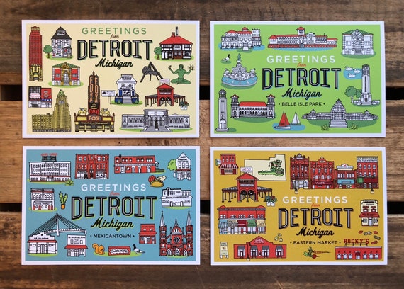 Detroit Illustrations 4 Postcards Set 4x6 Detroit Greetings | Etsy