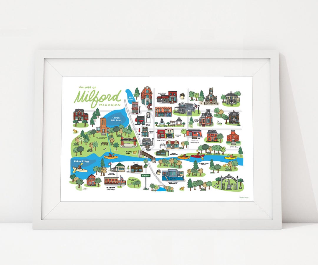 Milford, Michigan Map Art Print, 11x17 - Hand Illustrated Downtown ...