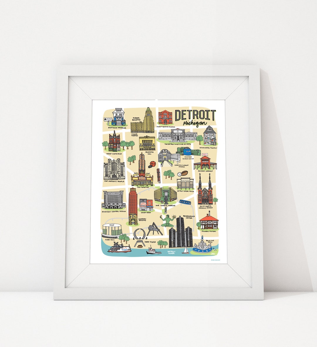 Detroit Map Illustration, Detroit Art Prints, Wall Art 8x10, Detroit ...