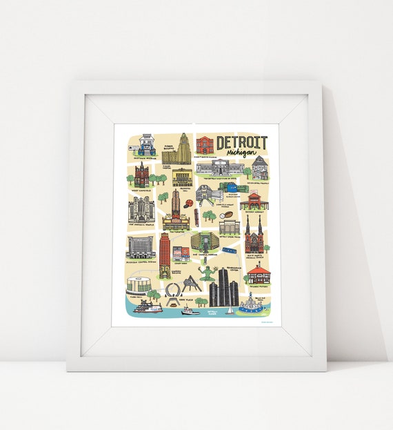 Detroit Map Illustration Detroit Art Prints Wall Art 8x10 - Etsy