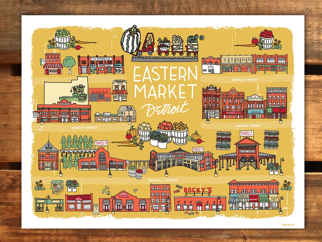 Detroit Illustration, Eastern Market - Art Print, Detroit Map 8x10 ...