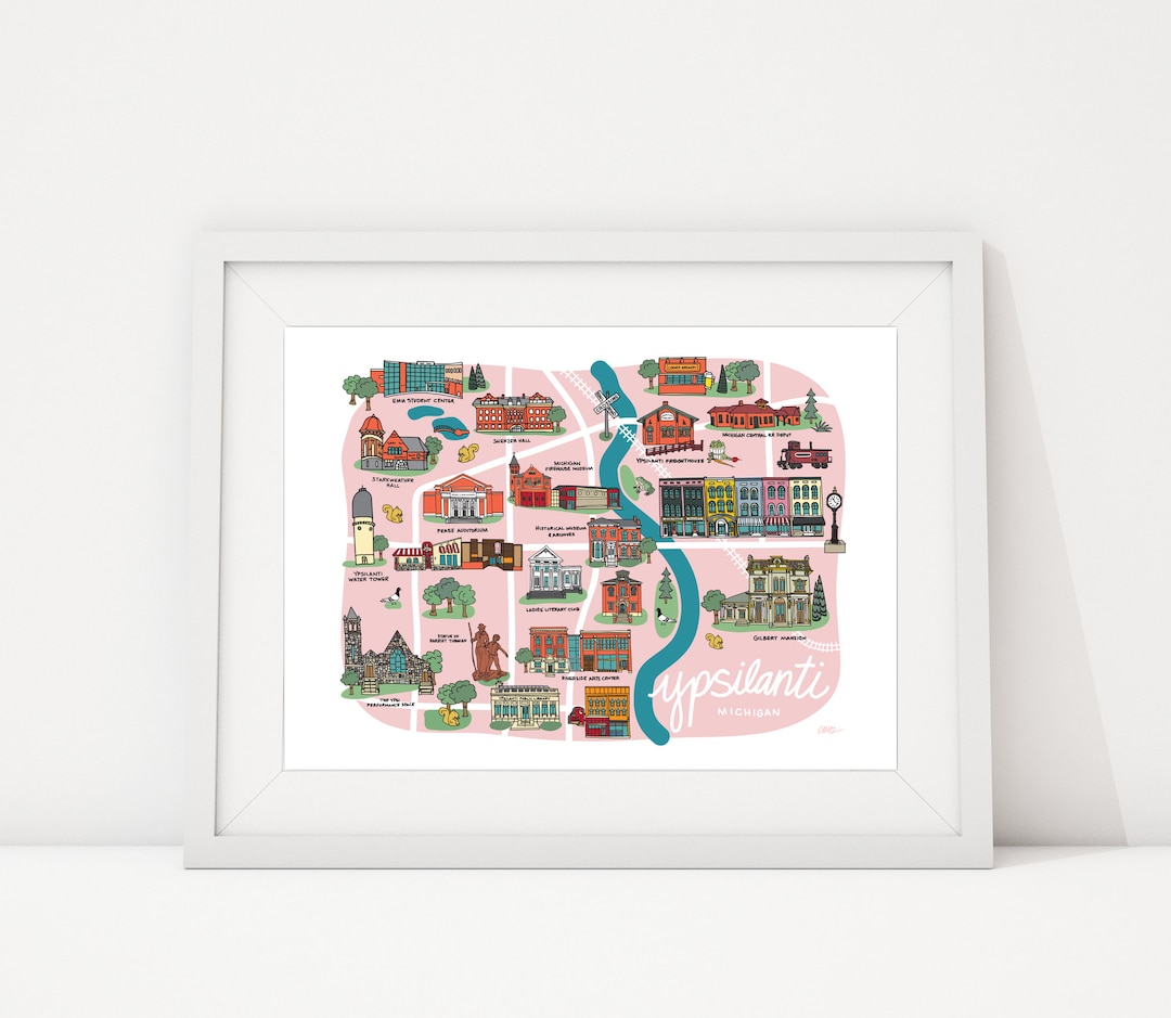 Ypsilanti Map Illustration, Ypsi Art Prints, Wall Art 8x10, Historic ...