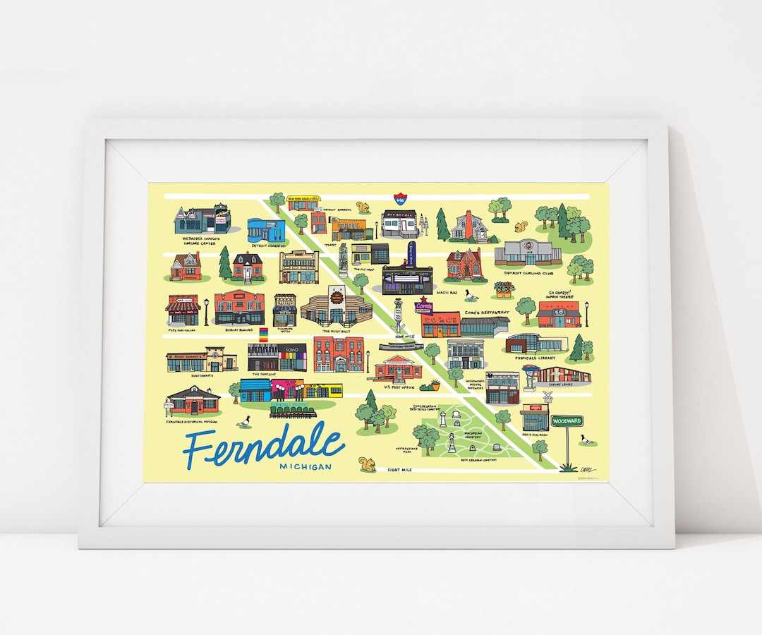 Ferndale Michigan Map Print: Illustrated Downtown Landmarks (11x17) - Etsy