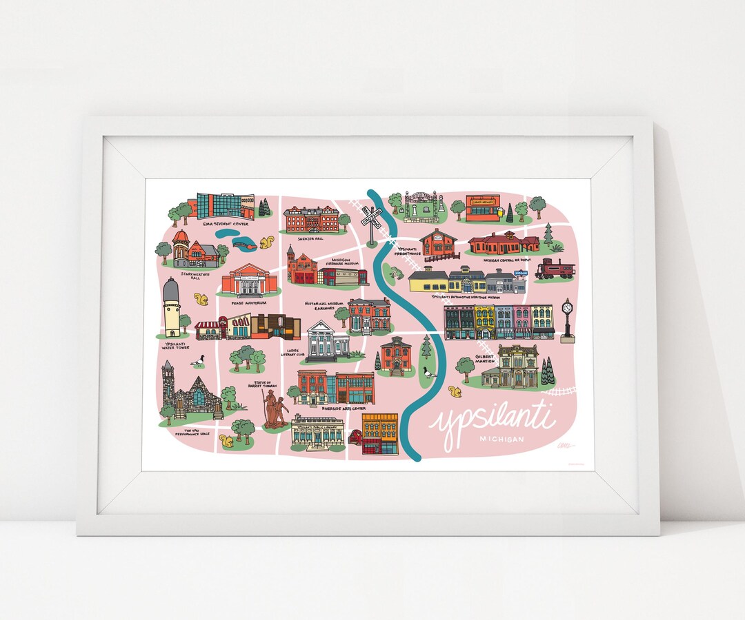 Ypsilanti Map Illustration, Ypsi Art Prints, Wall Art 17x11, Historic ...