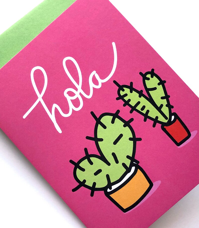 Hola Greeting Card Spanish Hello Hi Card Cactus Pink and - Etsy
