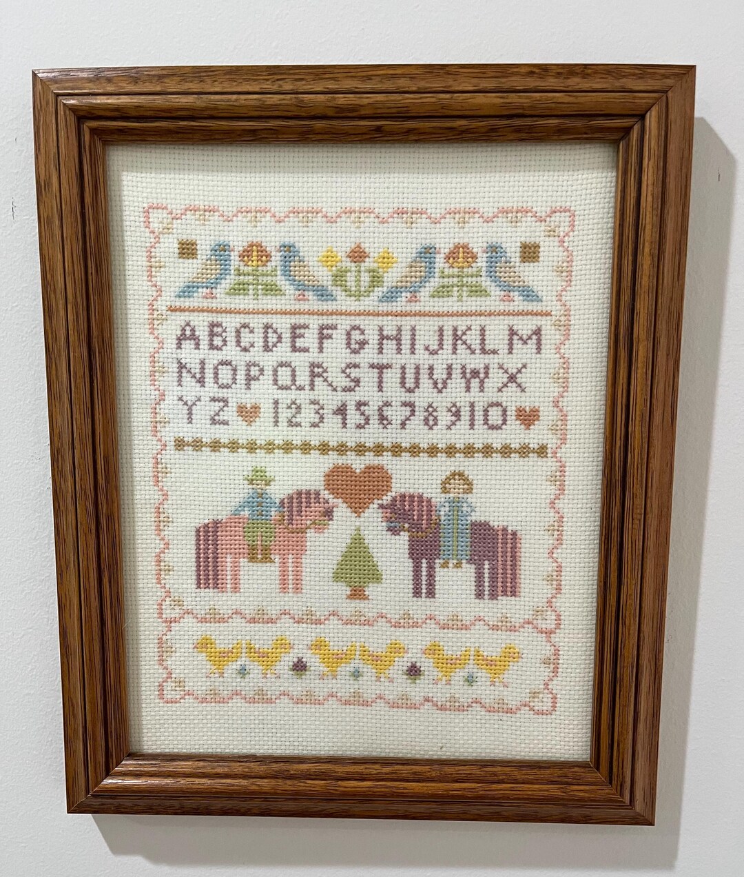 Cross Stitch Sampler - Alphabet, Numbers, Birds, Man & Woman on Horses ...