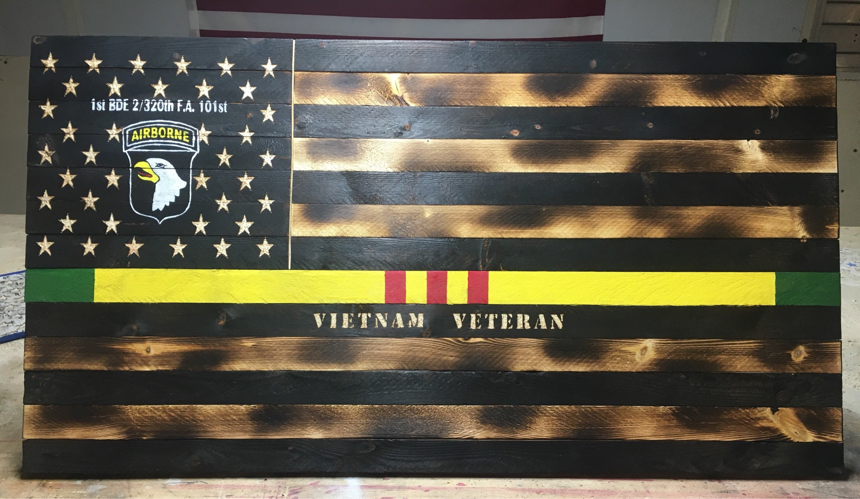 Hand Carved Wood Vietnam Veteran Flag: Fire Charred Military Decor ...