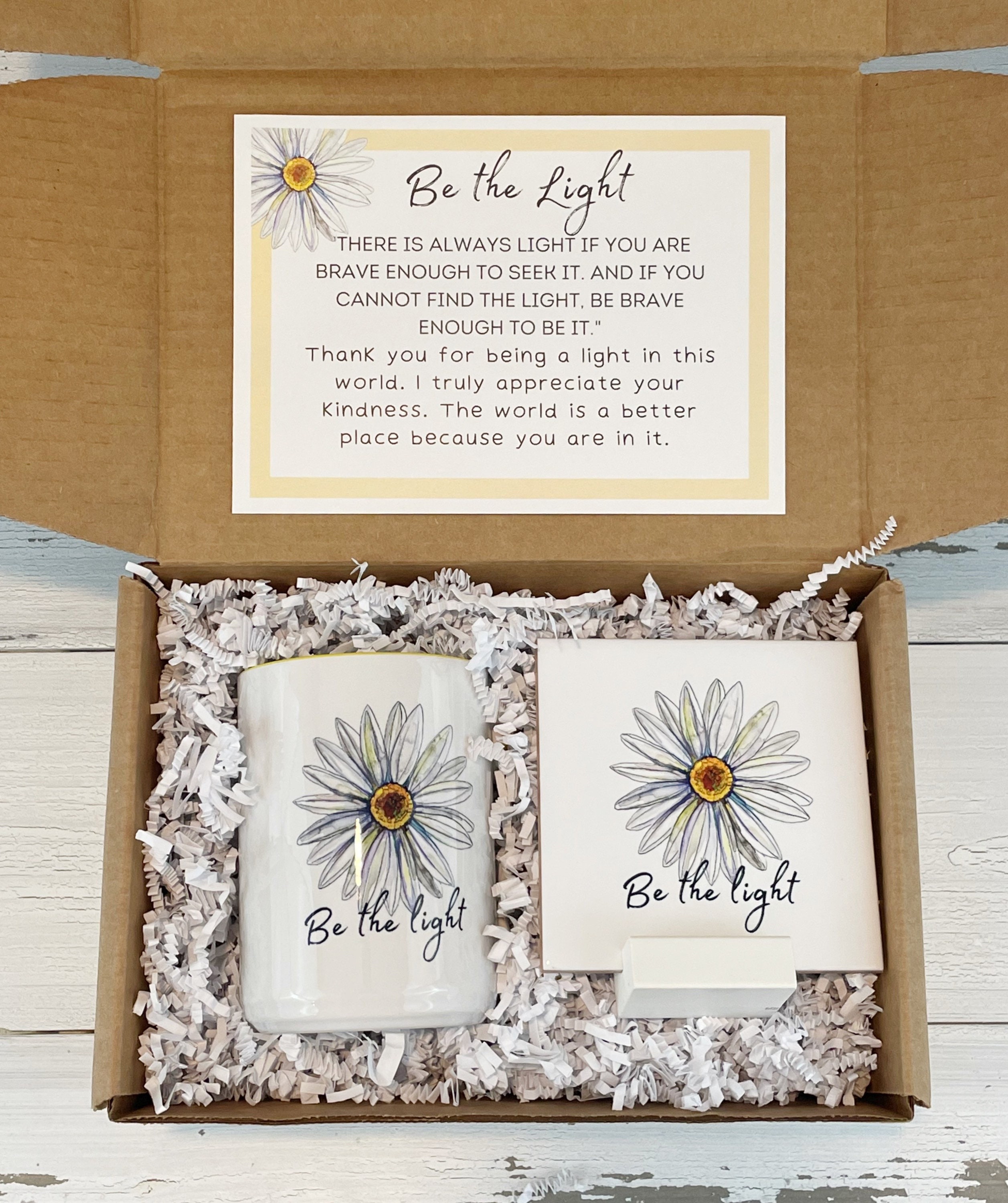 Thank You for Being the Light Gift Box, Daisy mug and tile gift set ...
