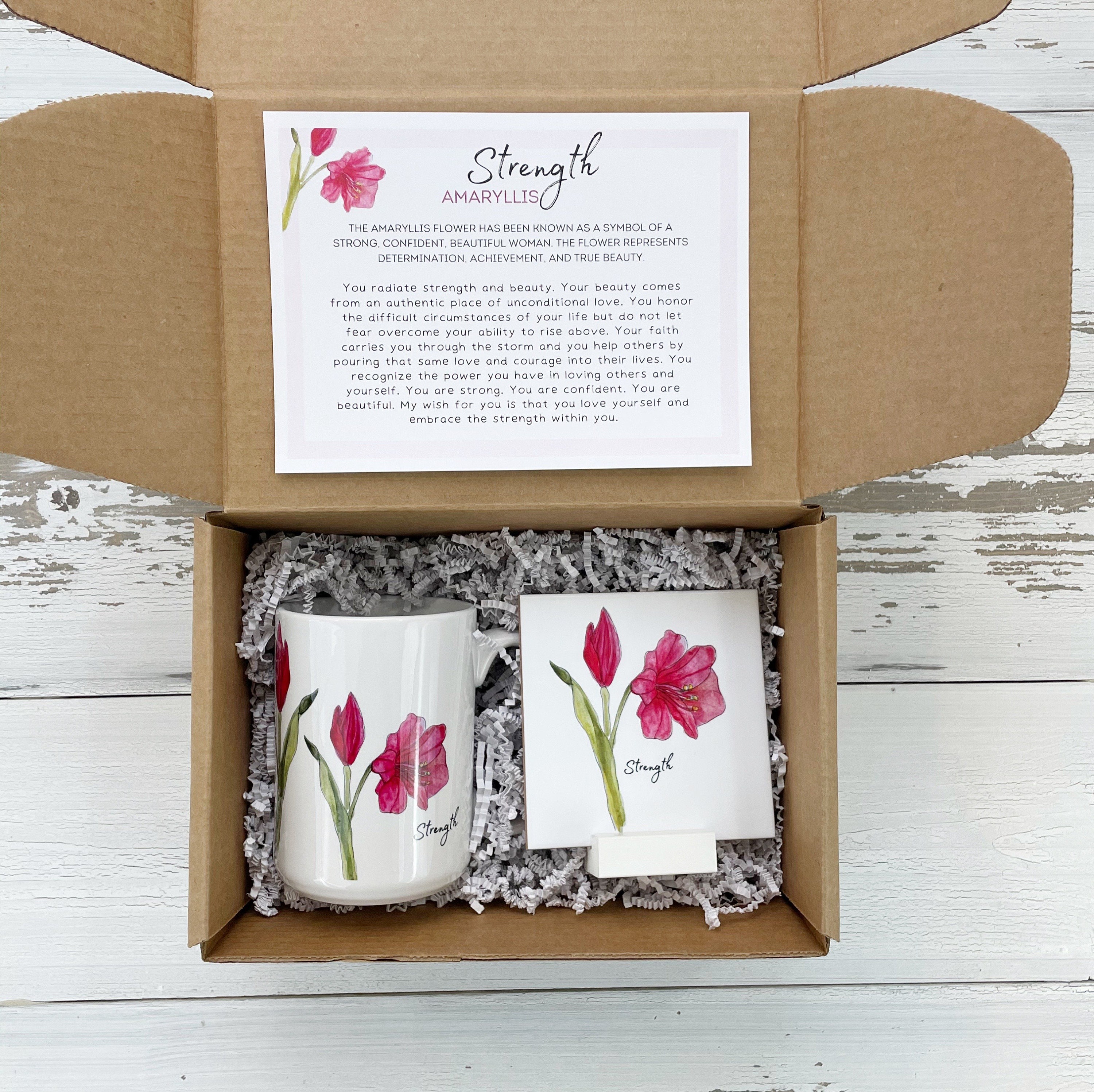 Strength Box, Amaryllis mug and tile gift set, Strong woman, Gift for ...
