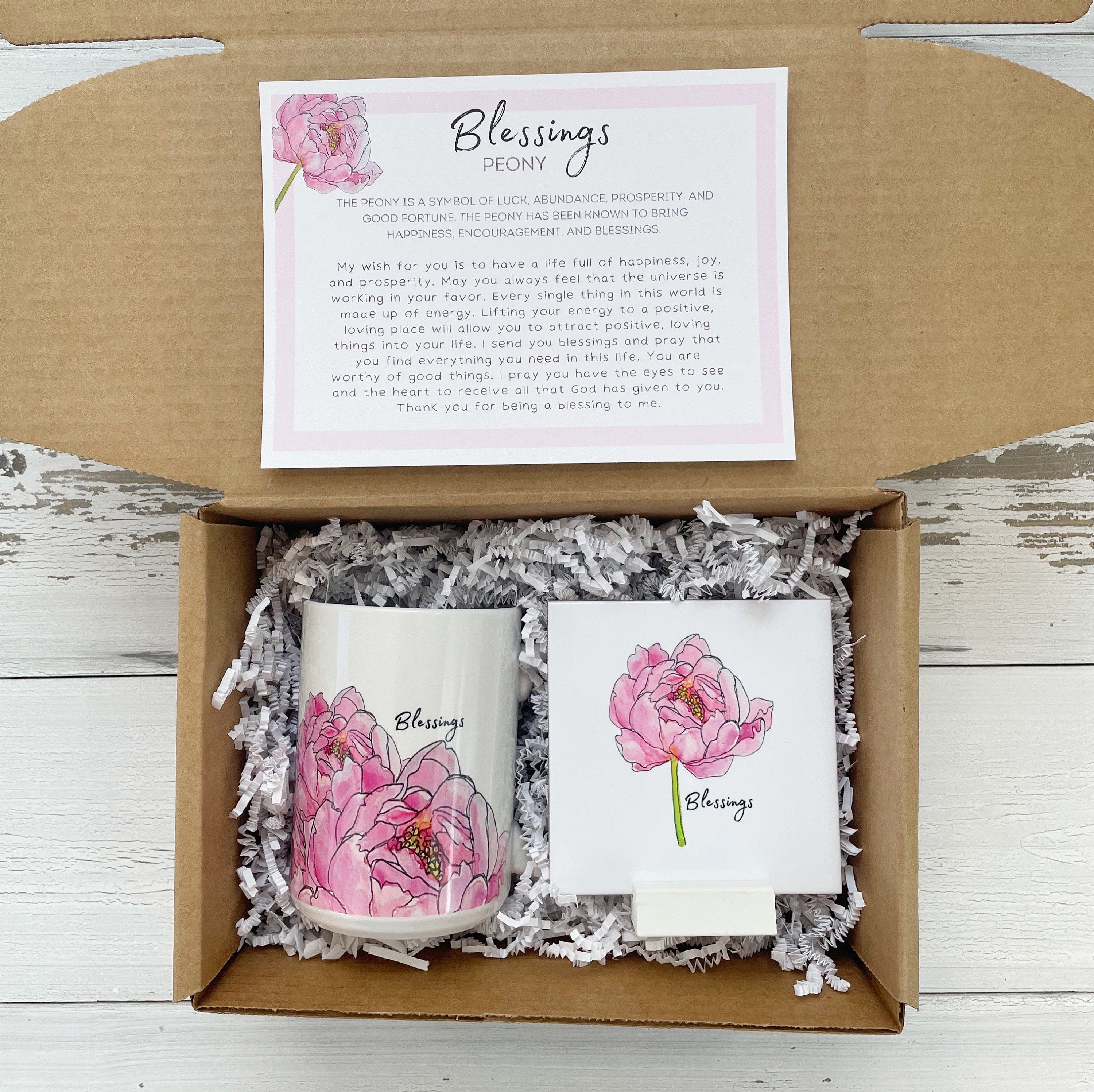 Blessings Box, Peony mug and tile gift set, Caring gift, Uplifting gift ...