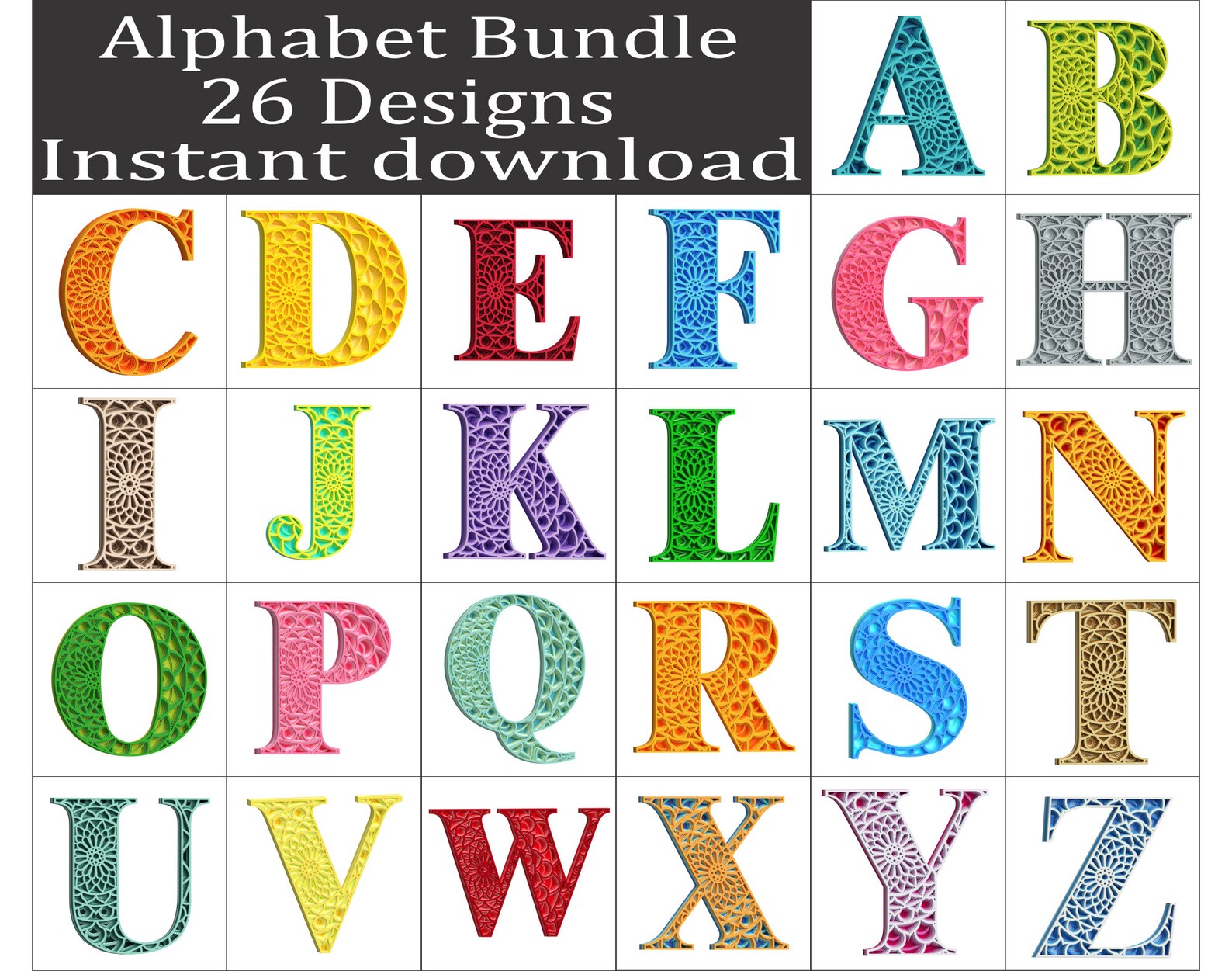 3d Letters SVG Bundle for Laser Cut, Layered Alphabet Mandala, Layered ...