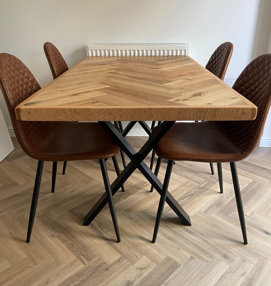 Oak Parquet Handmade Dining Table or Desk and Industrial Style Legs Chevron Wooden Etsy