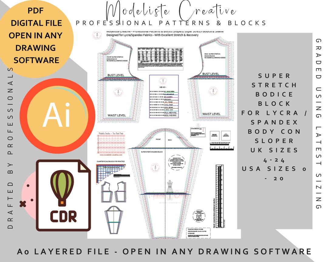 Ai - Digital File- Body Con -super Stretch Bodice Block - UK Size 4 ...