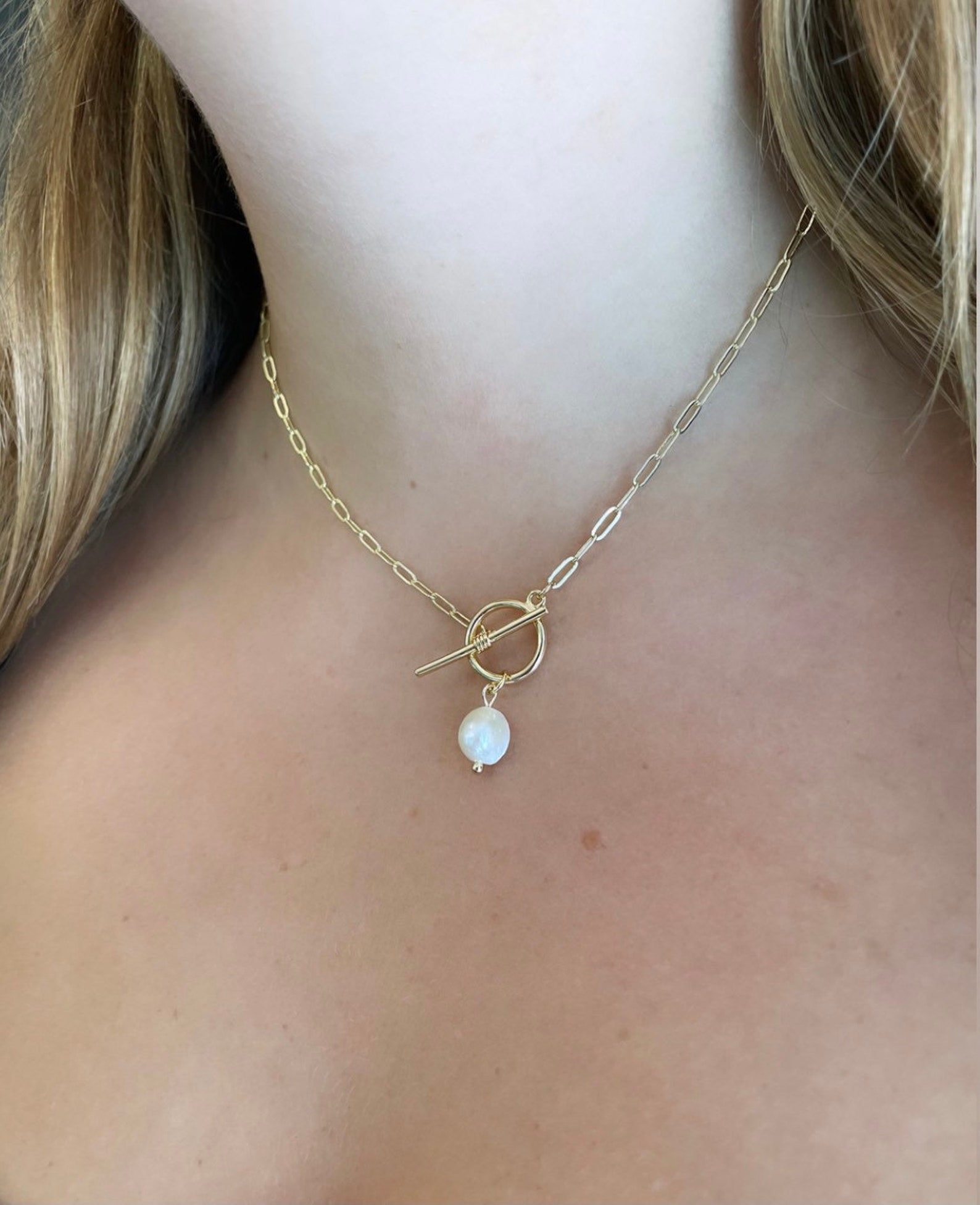 14k Gold Paperclip Pearl Necklace Toggle Clasp Necklace Gold - Etsy