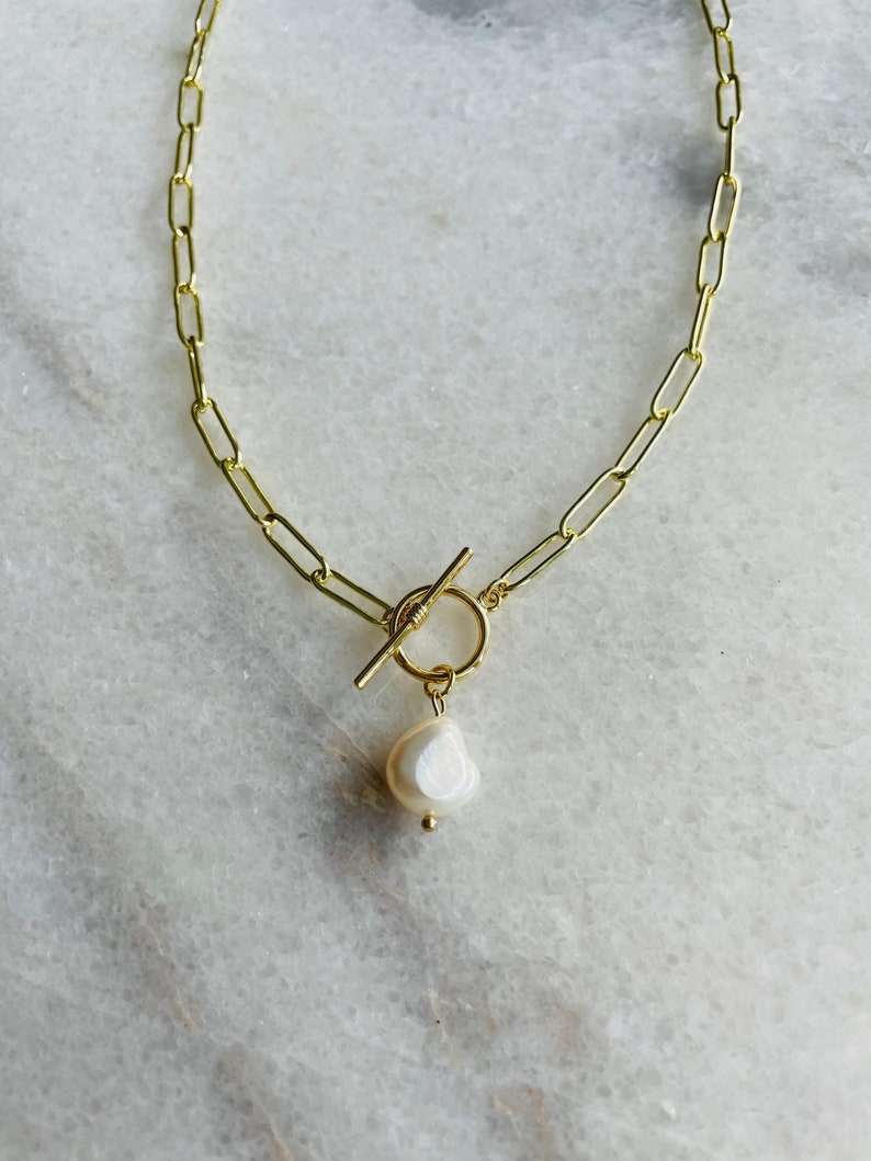 14k Gold Paperclip Pearl Necklace Toggle Clasp Necklace Gold - Etsy