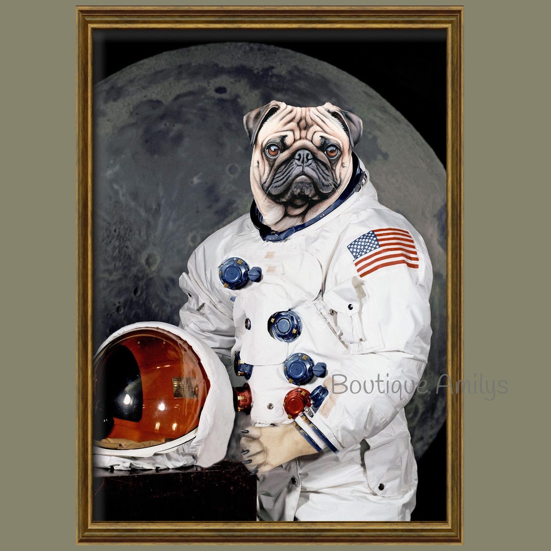 Humanized Pug Dog Wall Art, Laika Dog in a Rocket, Spacecraft, Funny ...