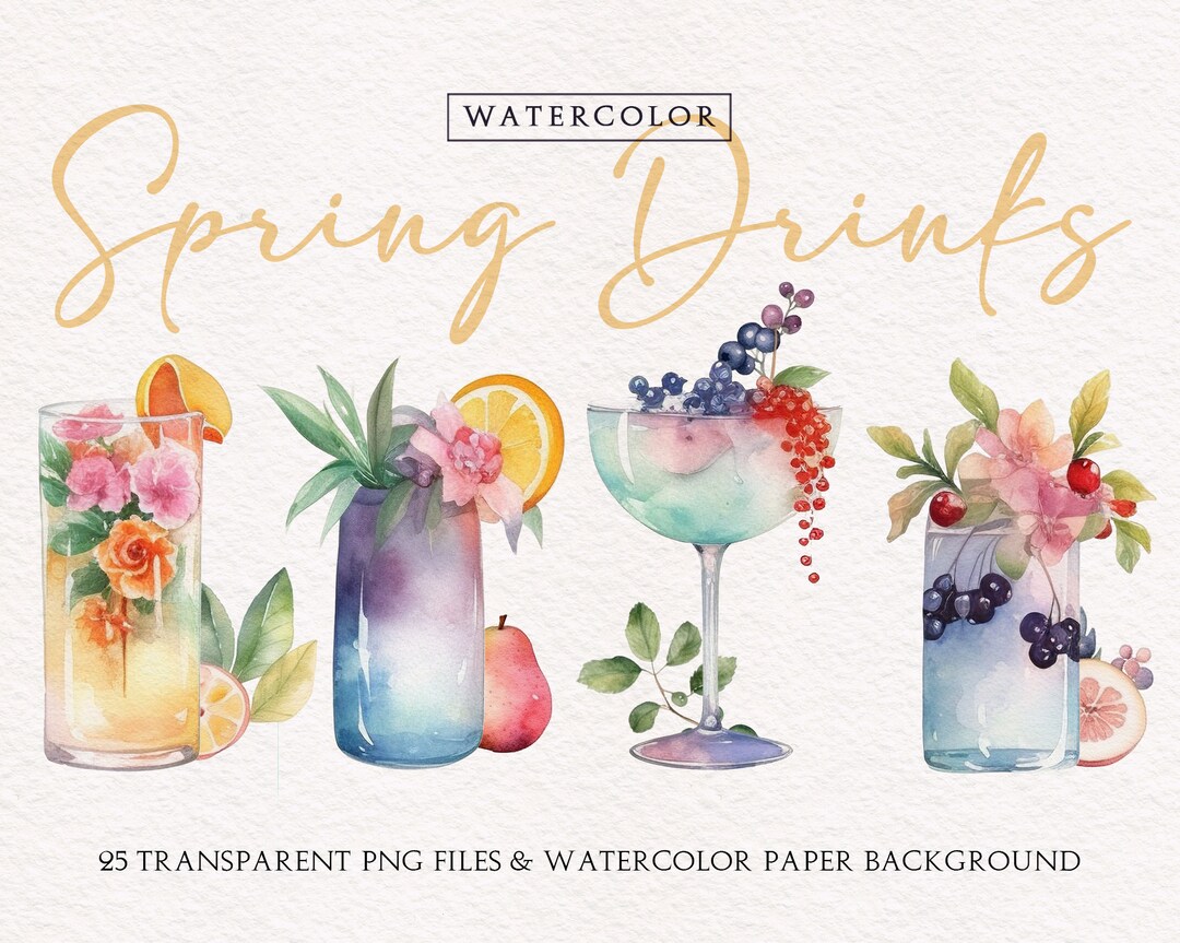 Watercolor Spring Drinks, Spring Clipart, Drinks Clipart, Watercolor ...